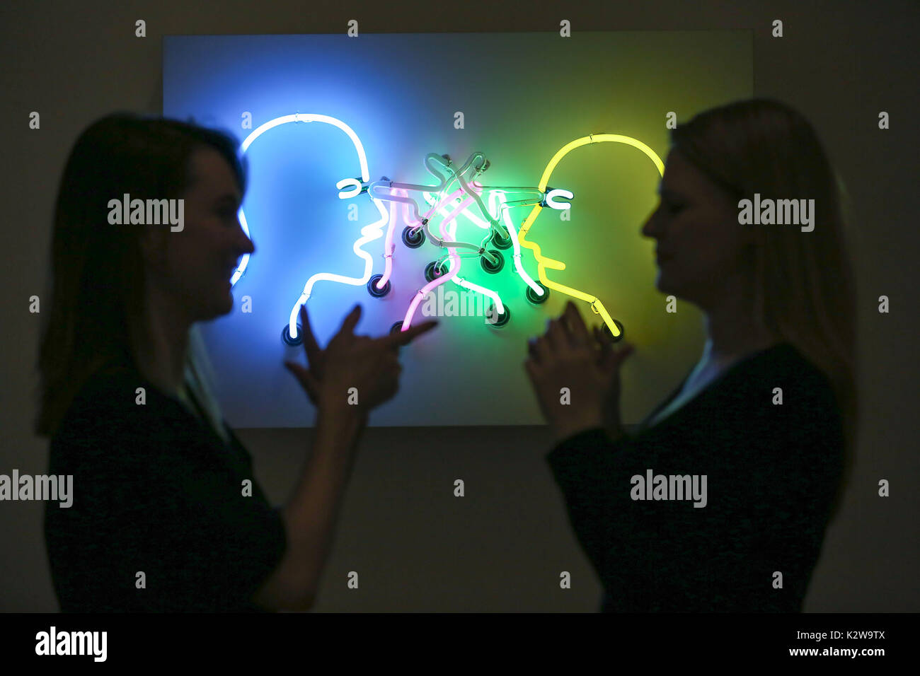 Bright neon sculptures including Violins Violence Silence and Run from ...