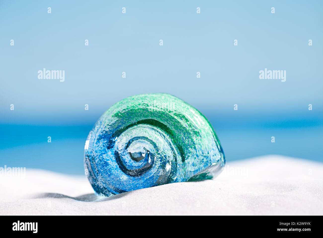 glass tropical sea shell on white beach sand under the sun light ...