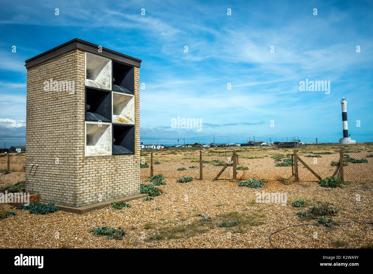 Fog horn building on the headland of Dungeness, Kent, UK Stock Photo ...