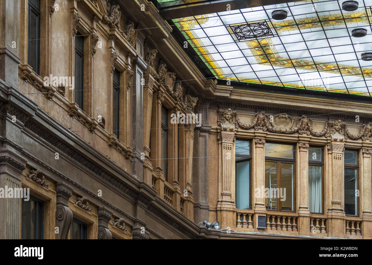 Detail of a beautiful stained glass on a roof. Old buildings in Rome ...