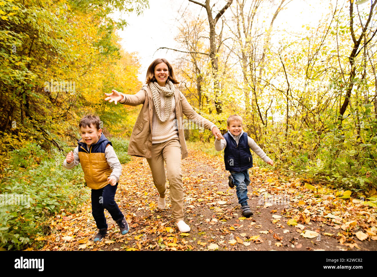 Beautiful mother with her sons in autumn forest Stock Photo - Alamy