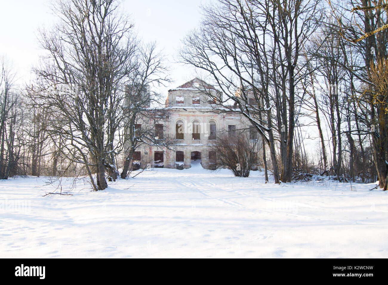 Old manor ruins in a winter landscape Stock Photo - Alamy