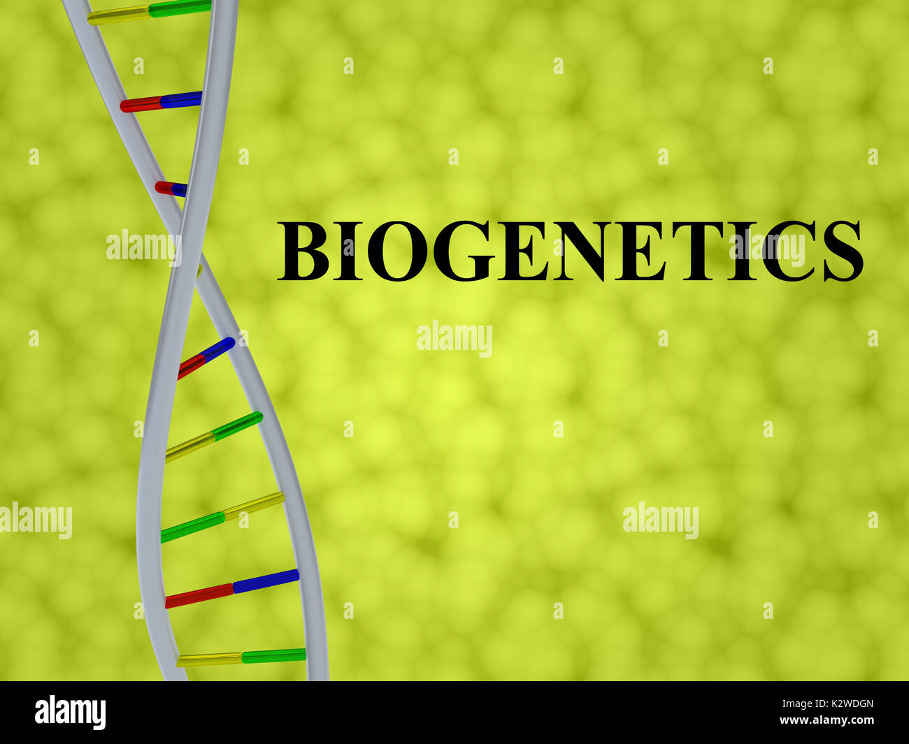 3D illustration of "BIOGENETICS" script with DNA double helix ...