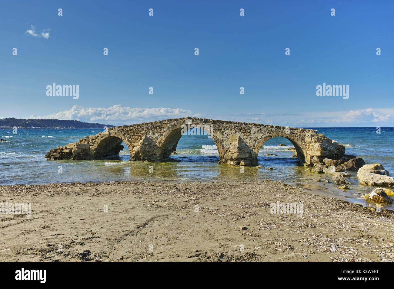 medieval bridge in the water at Argassi beach, Zakynthos island, Greece ...