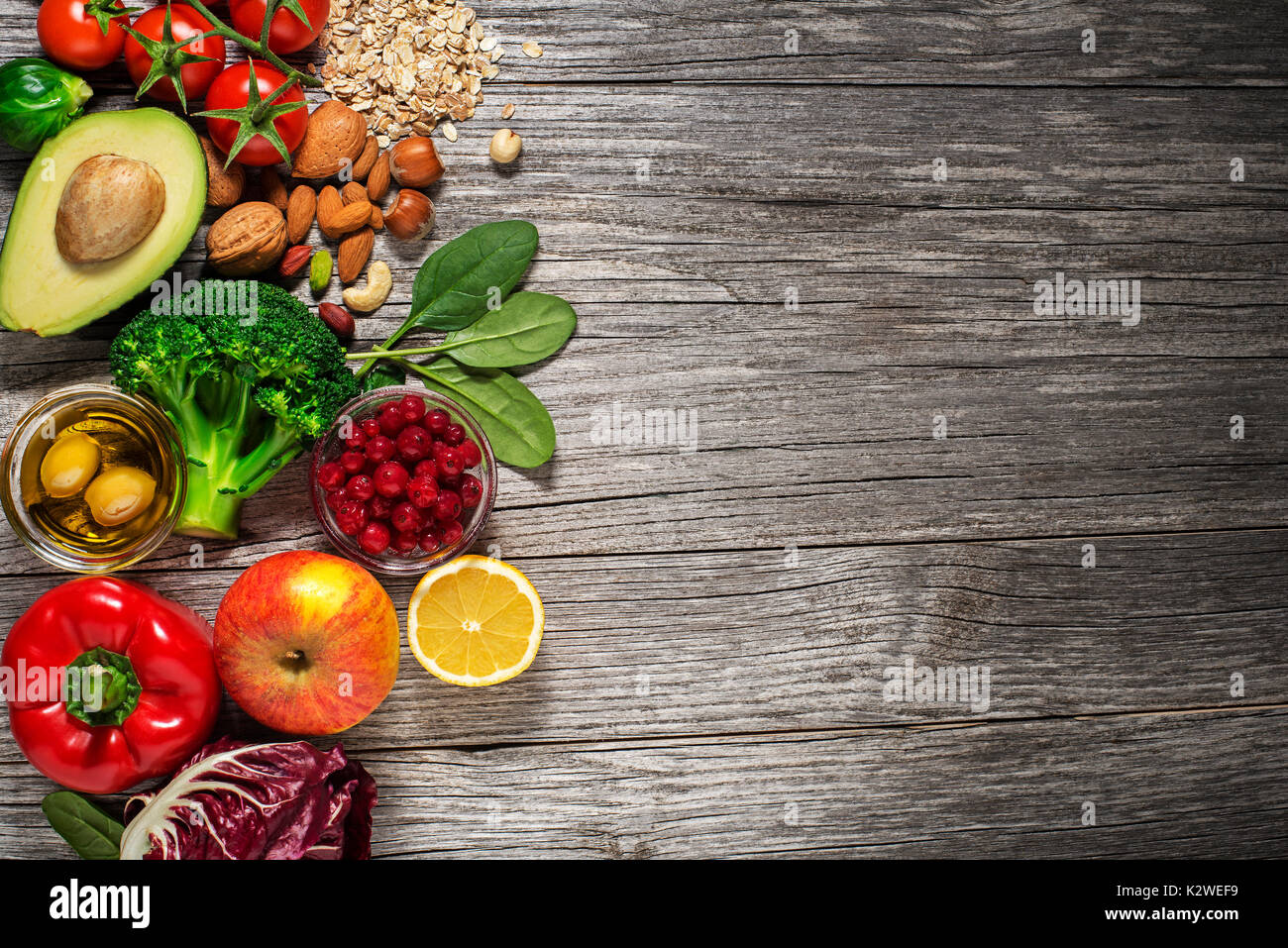 Selection of healthy food with vegetable and fruits. Healthy diet foods ...