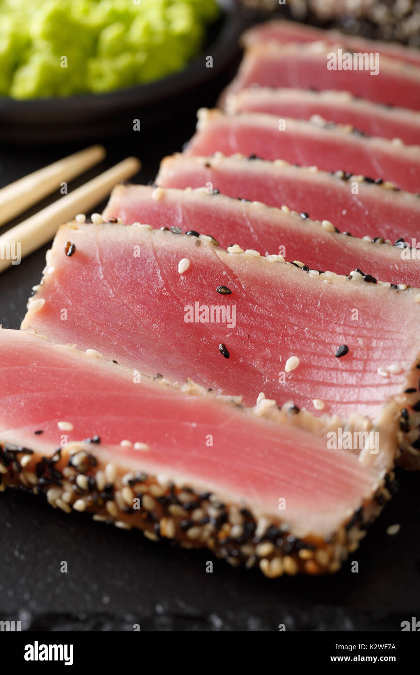 Gourmet meal: a beautiful tuna steak in sesame and wasabi macro on the ...