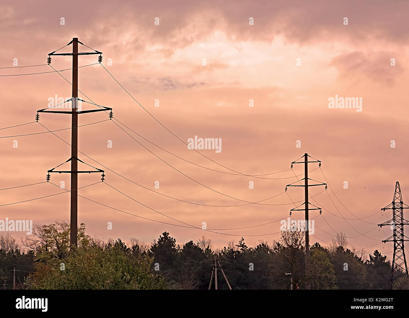 Landscape of power lines for electricity metal towers and sunrise Stock ...
