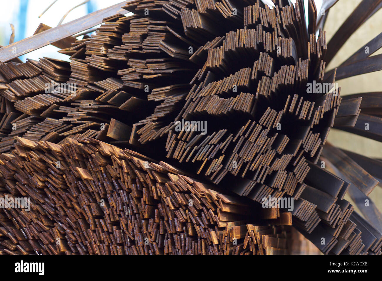 Metal profile strip in packs at the warehouse of metal products, Russia ...