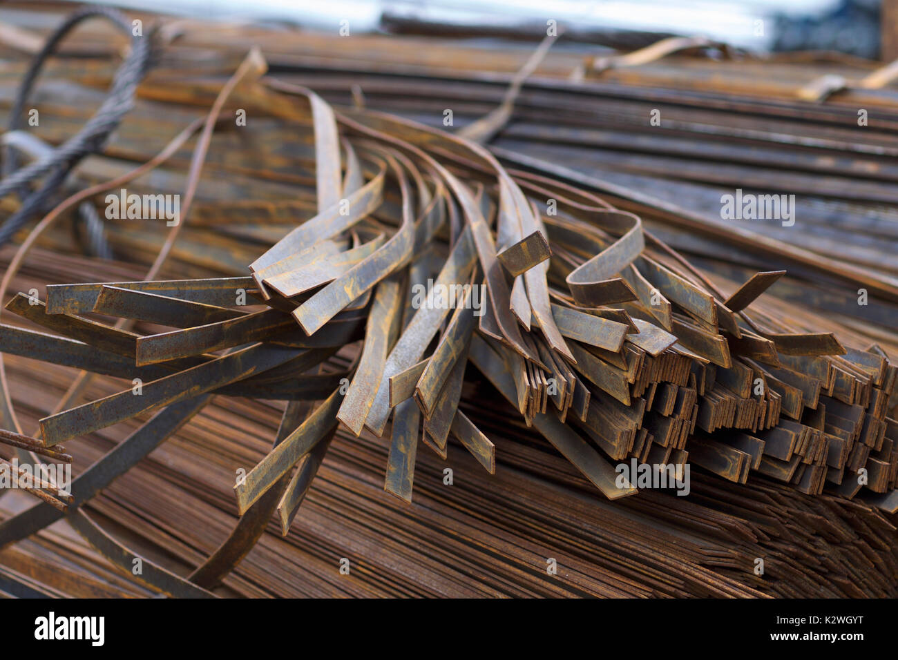 Metal profile strip in packs at the warehouse of metal products, Russia ...