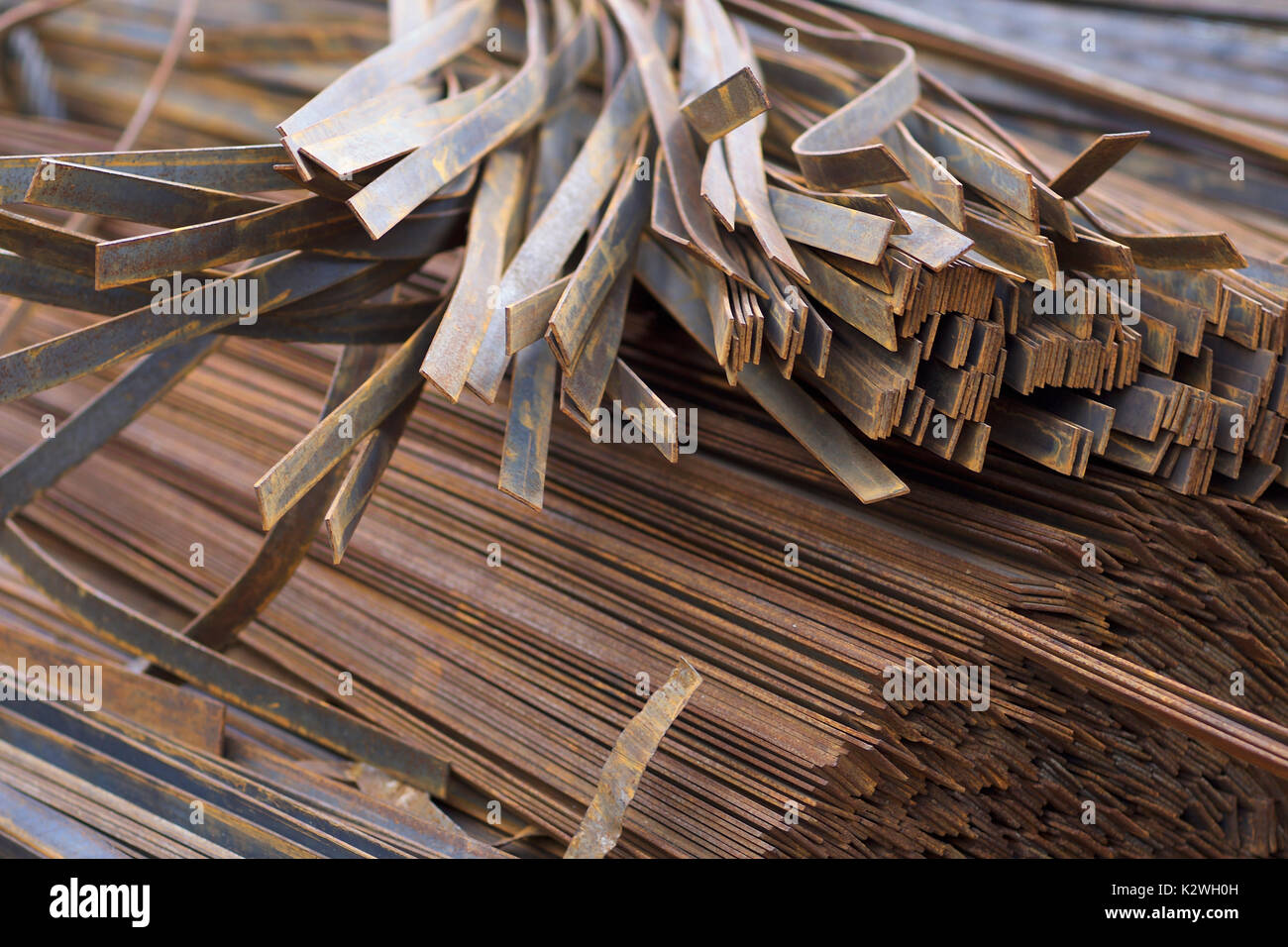 Metal profile strip in packs at the warehouse of metal products, Russia ...