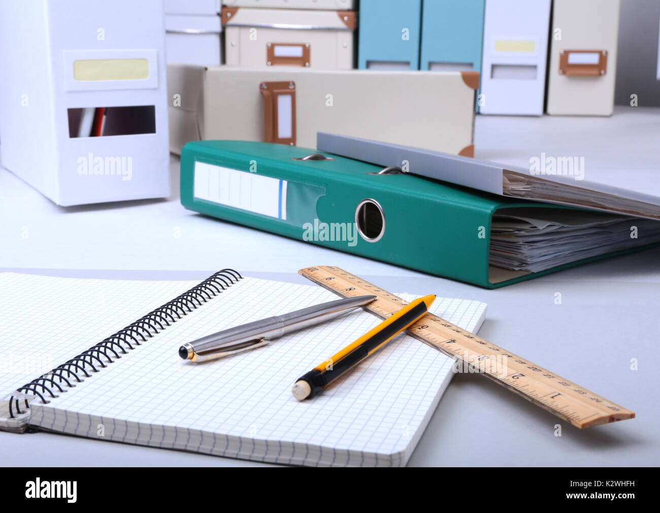 Folder file, note and pen on the desk. blurred background Stock Photo ...