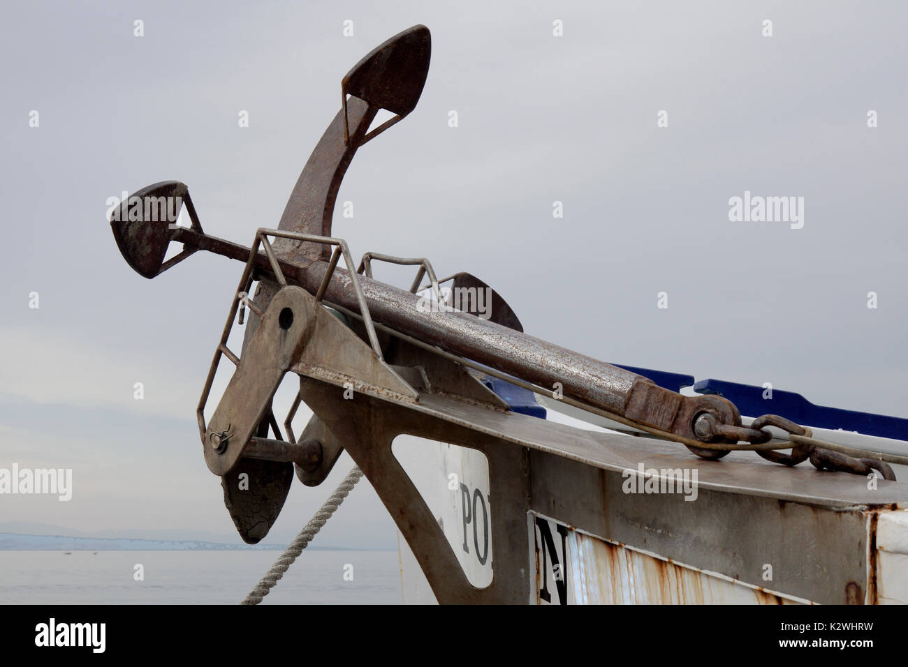 Anchor on the front of a boat Stock Photo - Alamy