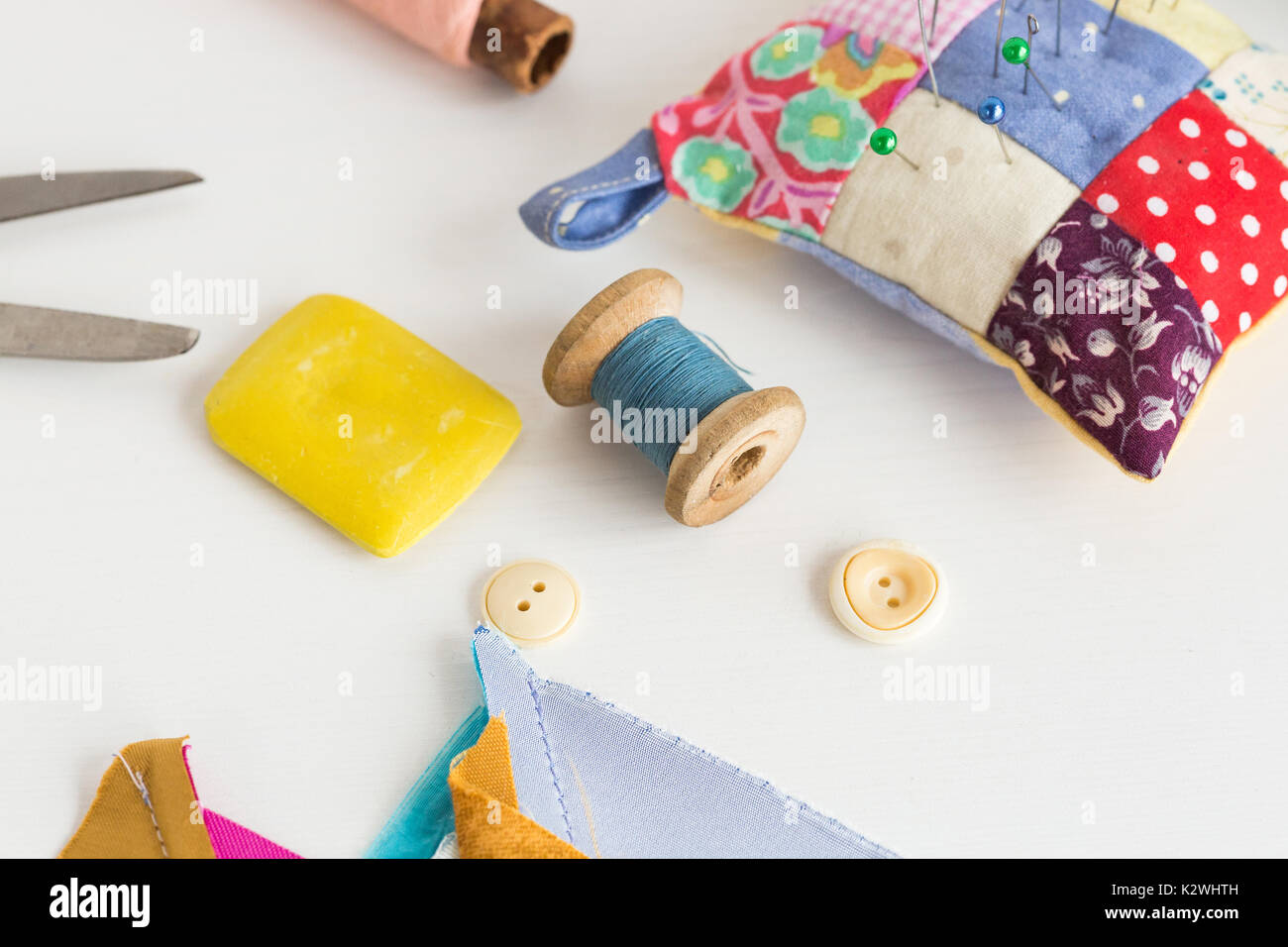 sewing, patchwork, tailoring and fashion concept - closeup tools on ...