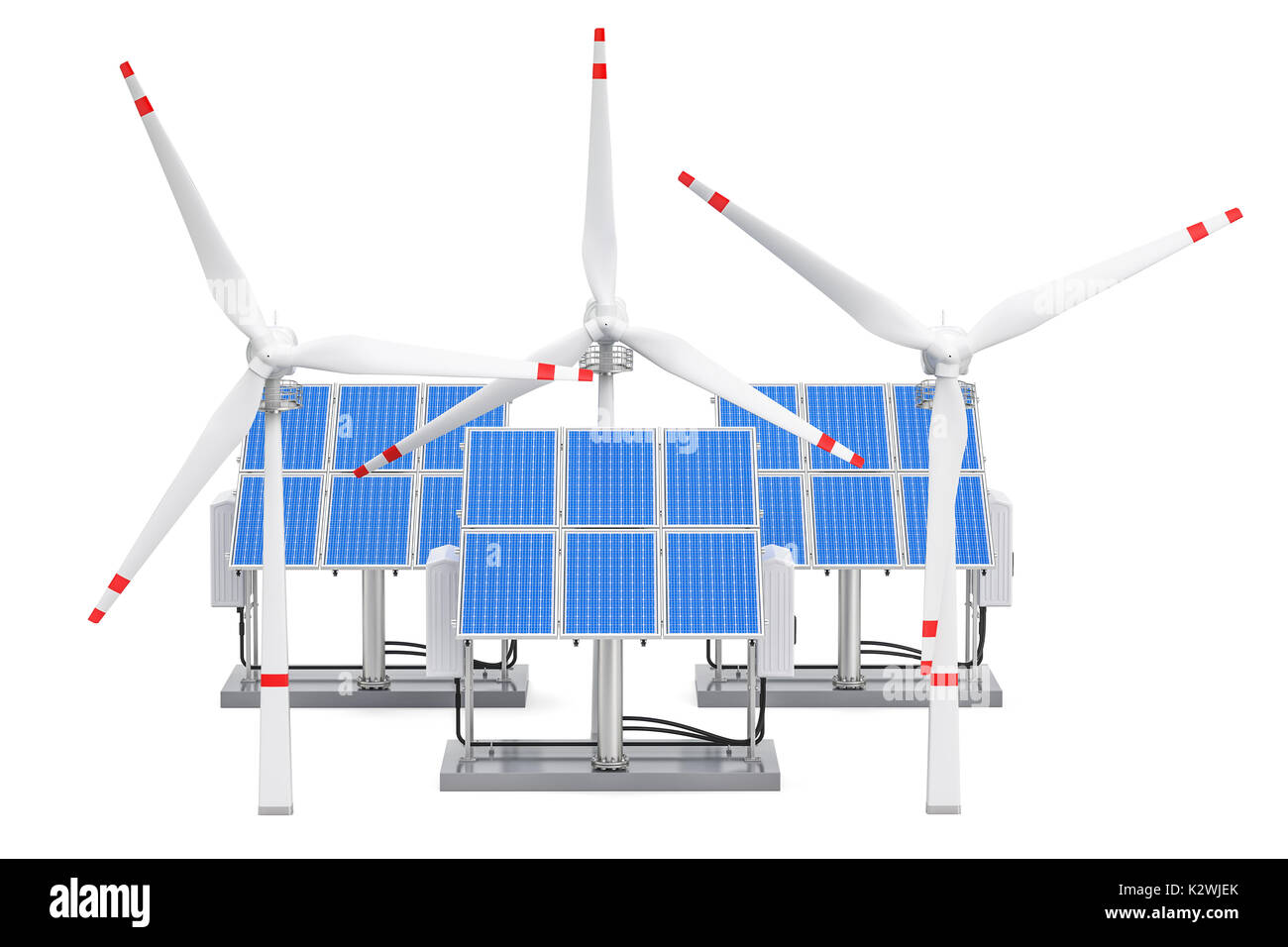 Renewable energy concept. Solar panels and wind turbines, 3D rendering ...