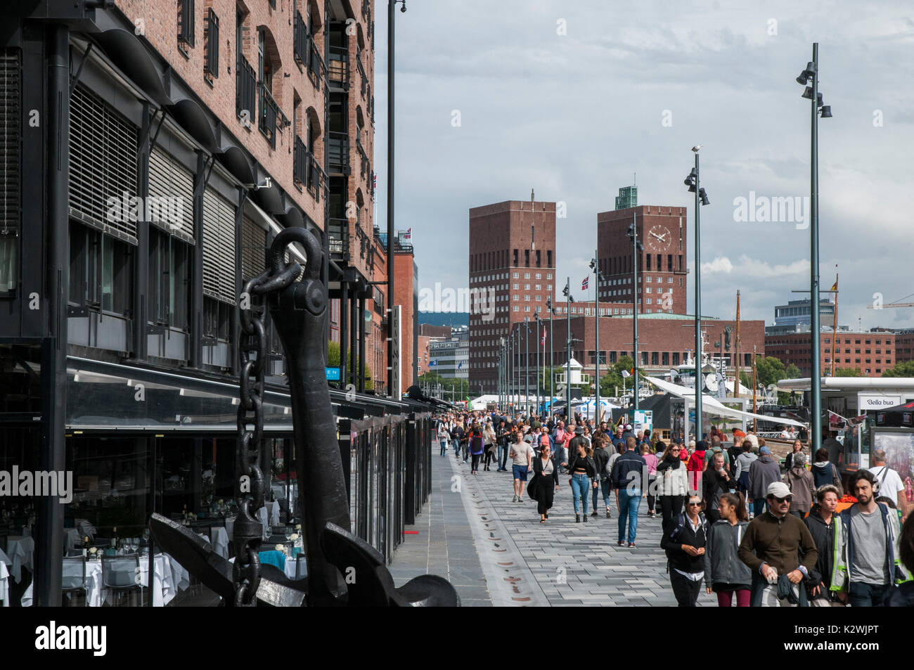 Stranden promenade at Aker Brygge in Oslo is heaving with locals and ...
