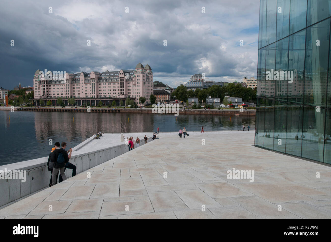 Exterior of Oslo Opera House with Oslo Havnelager in the background ...