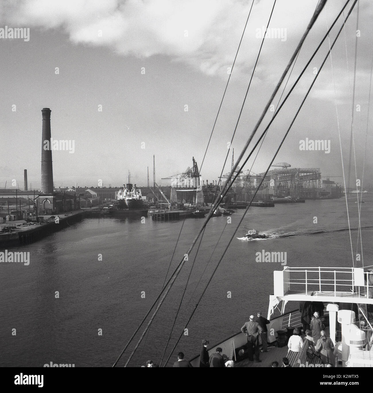 1950s, historical, view over the channel of Belfast harbour showing the ...