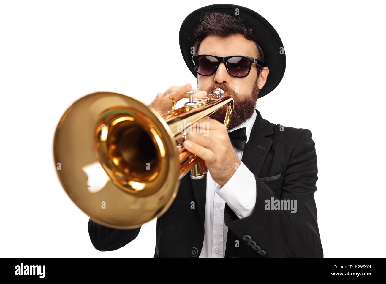 Trumpet player isolated on white background Stock Photo - Alamy
