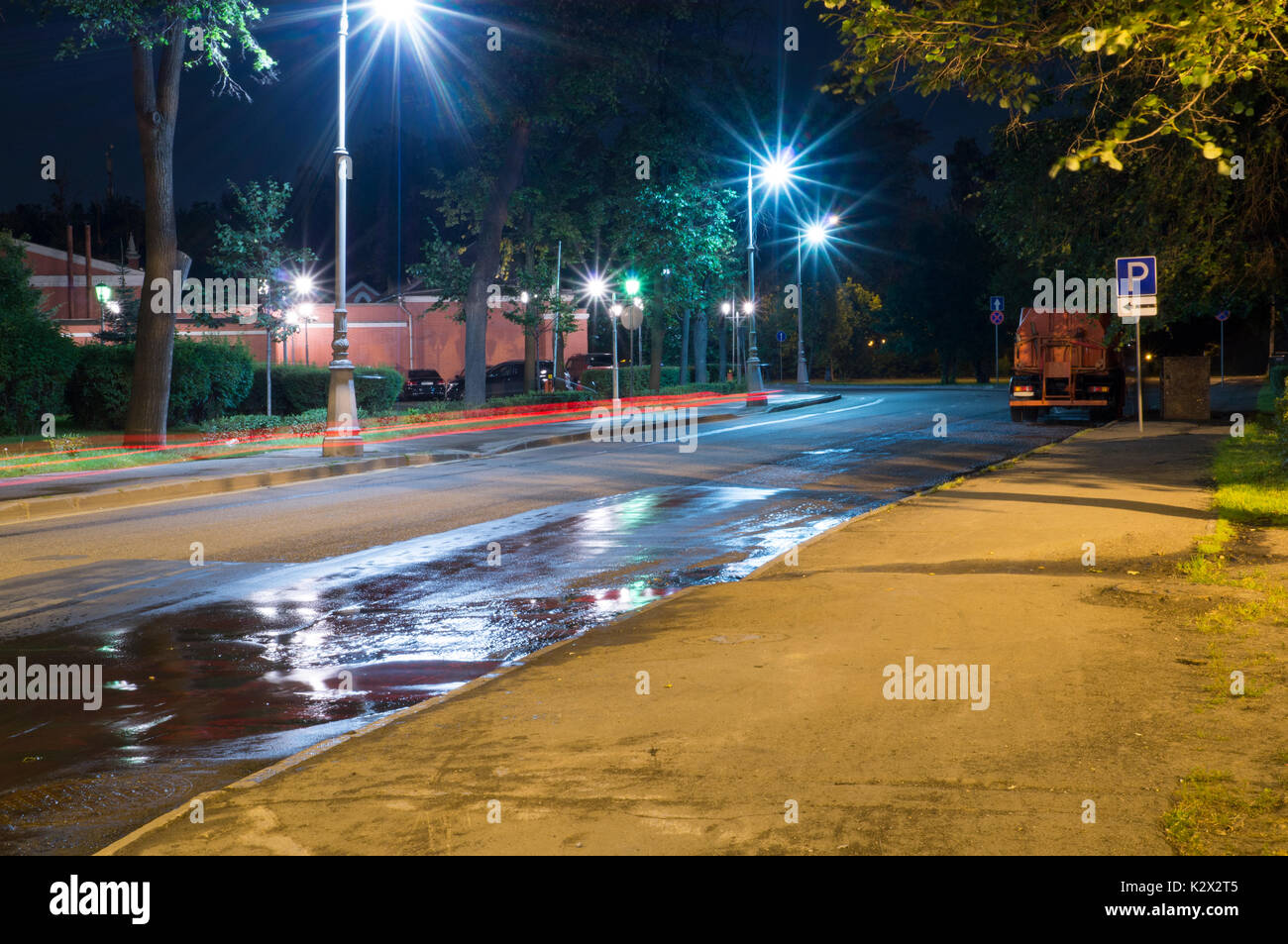 quiet city street with lights at night. background, city life Stock ...