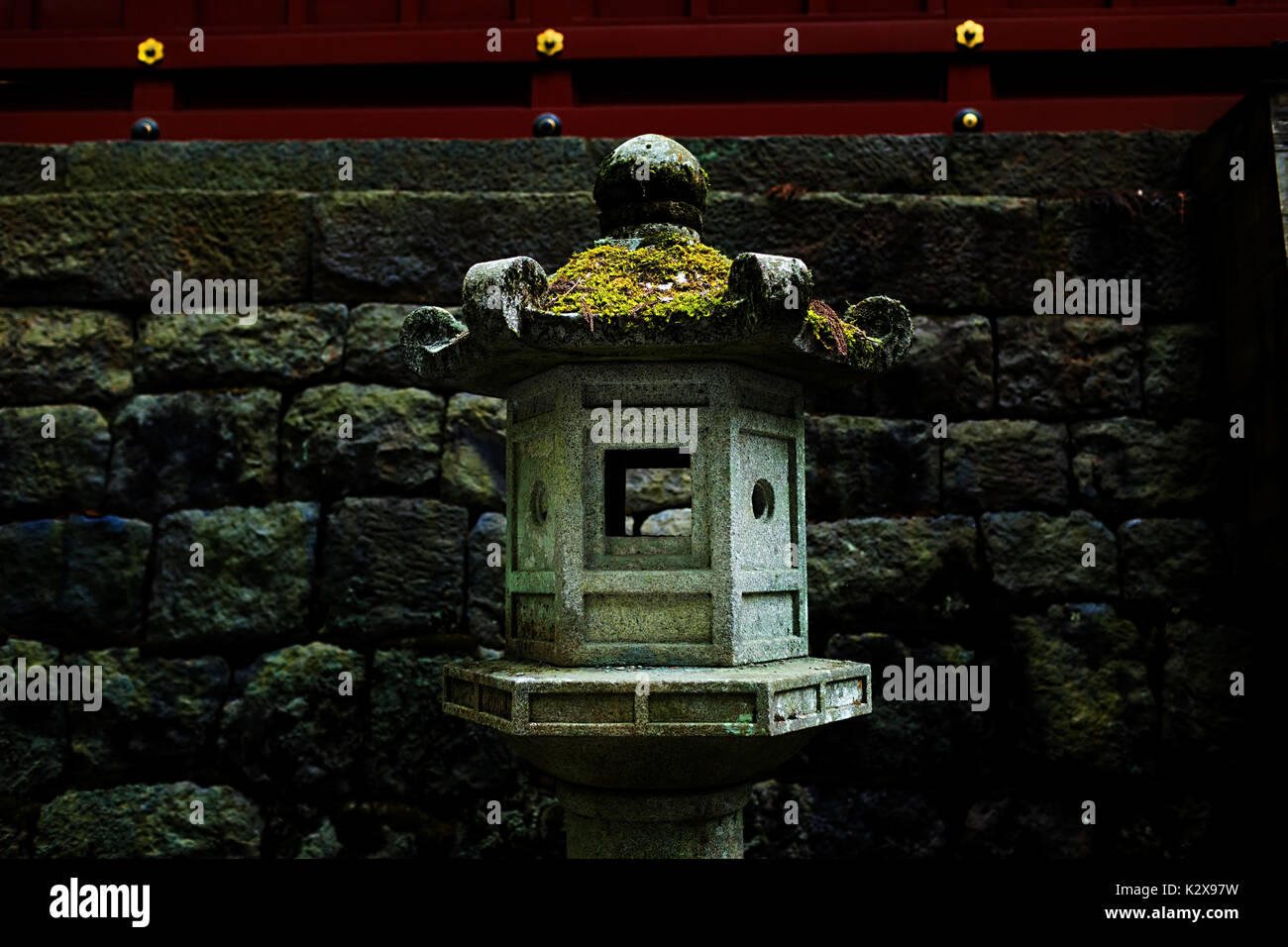 Mossy stone lantern with close-up detailed view Stock Photo - Alamy