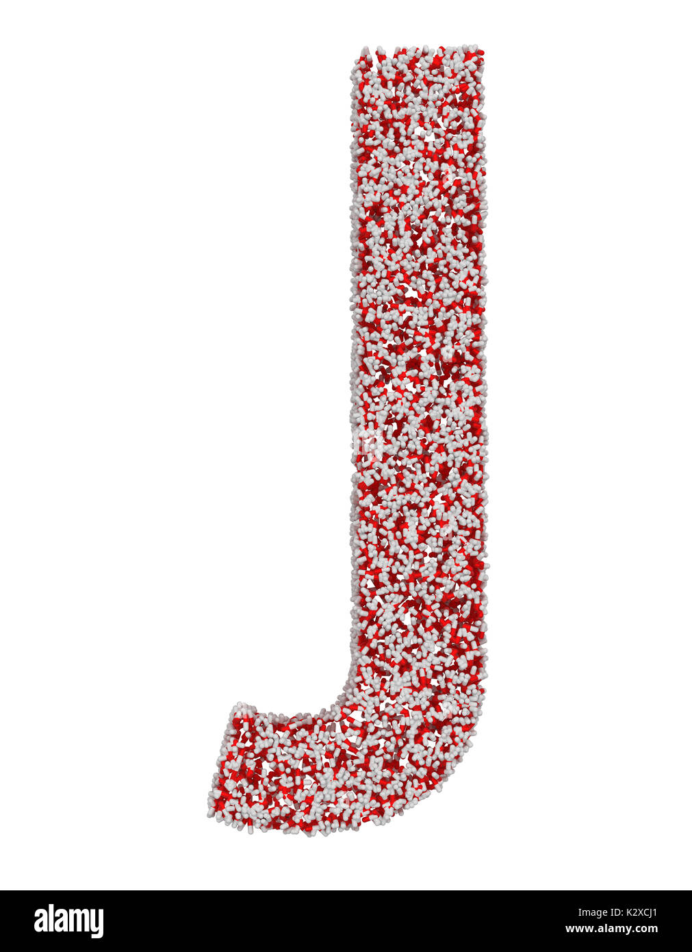 3D render of red and white alphabet make from pills. Big letter J with ...