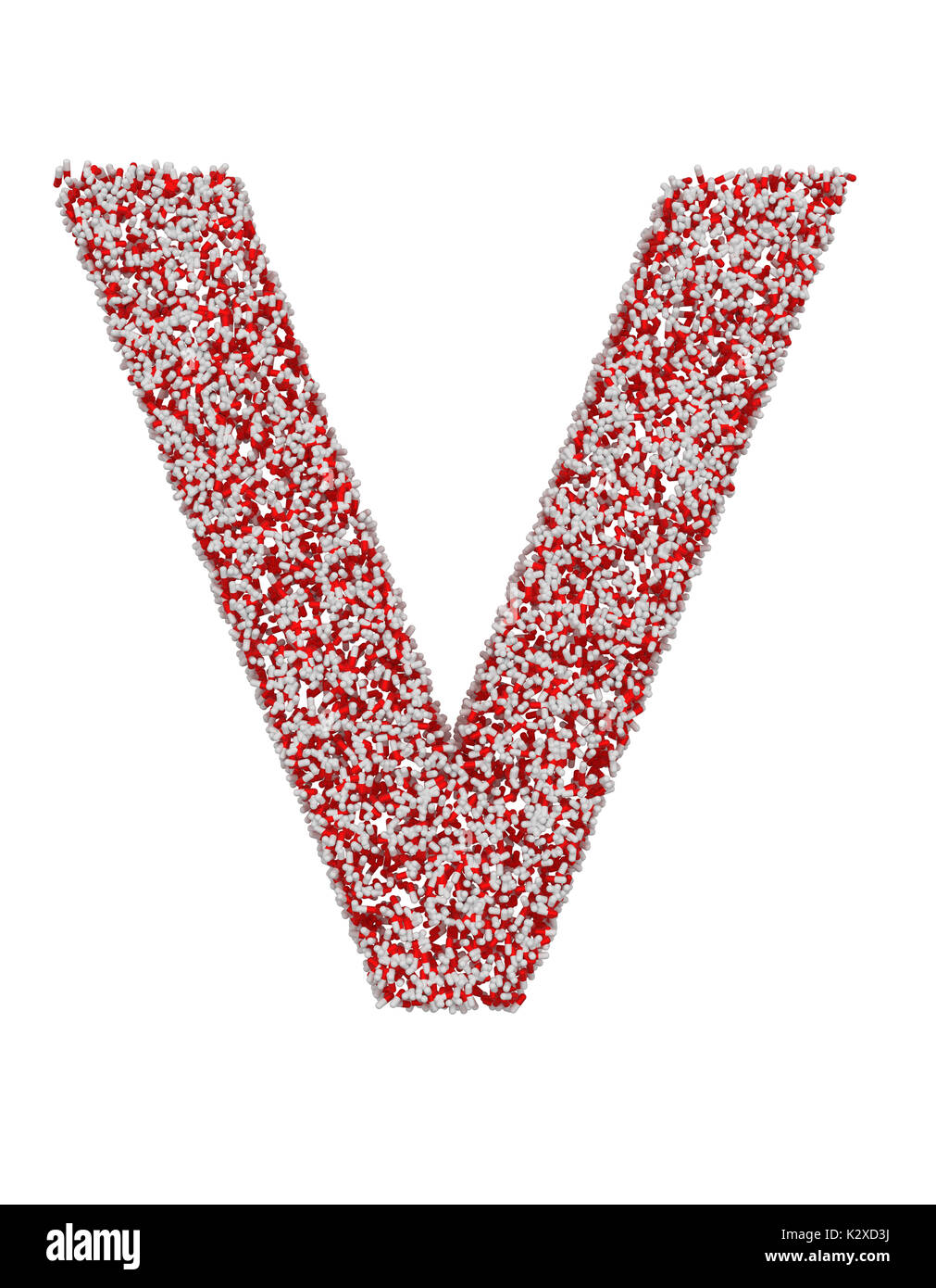 3D render of red and white alphabet make from pills. Big letter V with ...