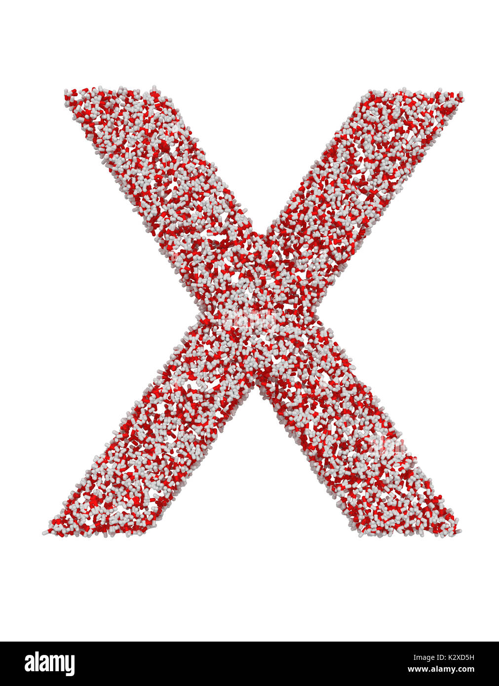 3D render of red and white alphabet make from pills. Big letter X with ...