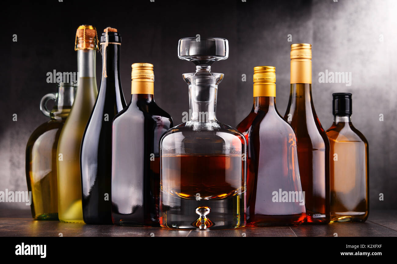 Composition with bottles of assorted alcoholic beverages Stock Photo ...
