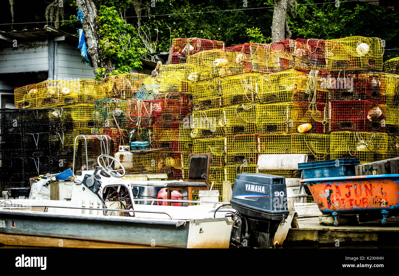 Stacks of shrimp catchers by the fisherman's boat. This photo was taken ...