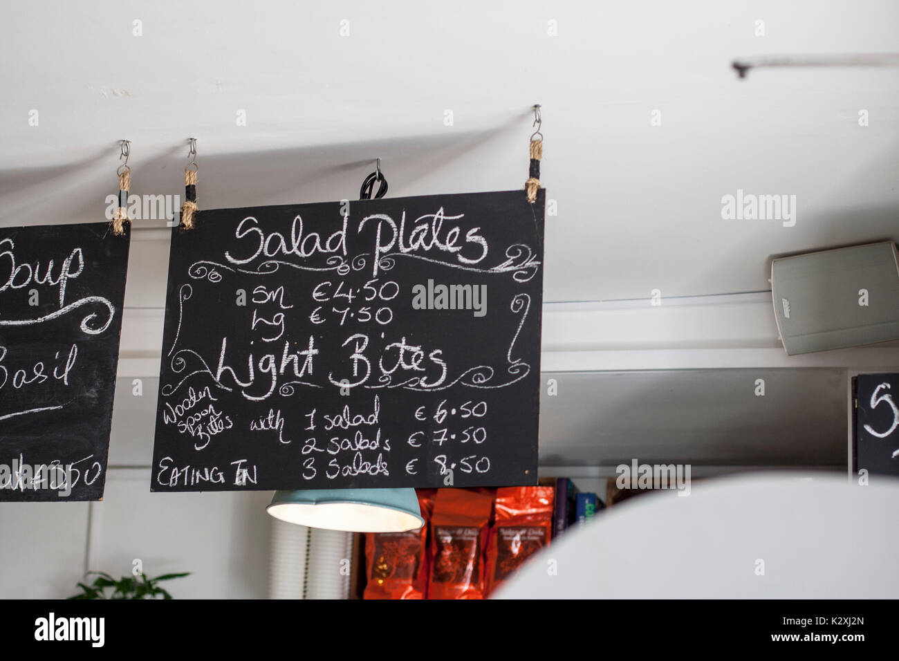 Cafe menu chalkboard, hanging from ceiling, black white noticeboard ...