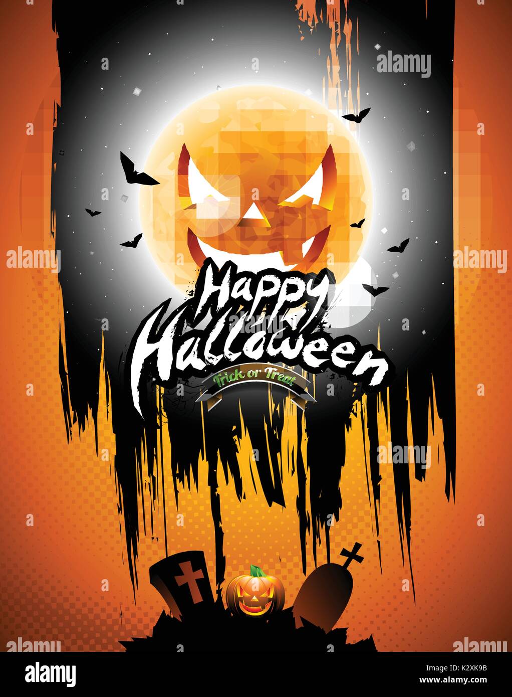 Vector Happy Halloween illustration with black sky and pumpkin moon on ...