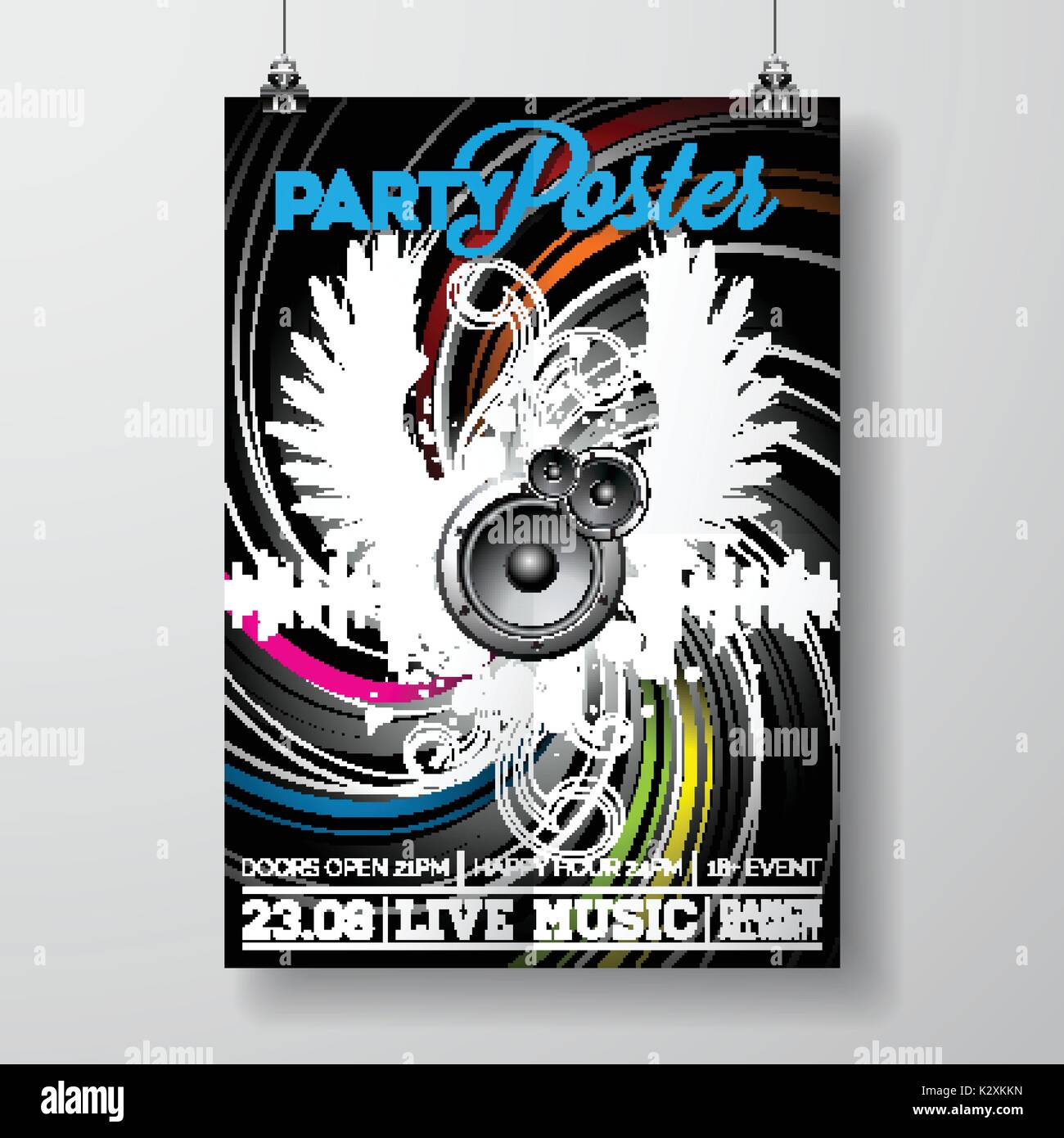 Vector Party Flyer Design with music elements on grunge background ...
