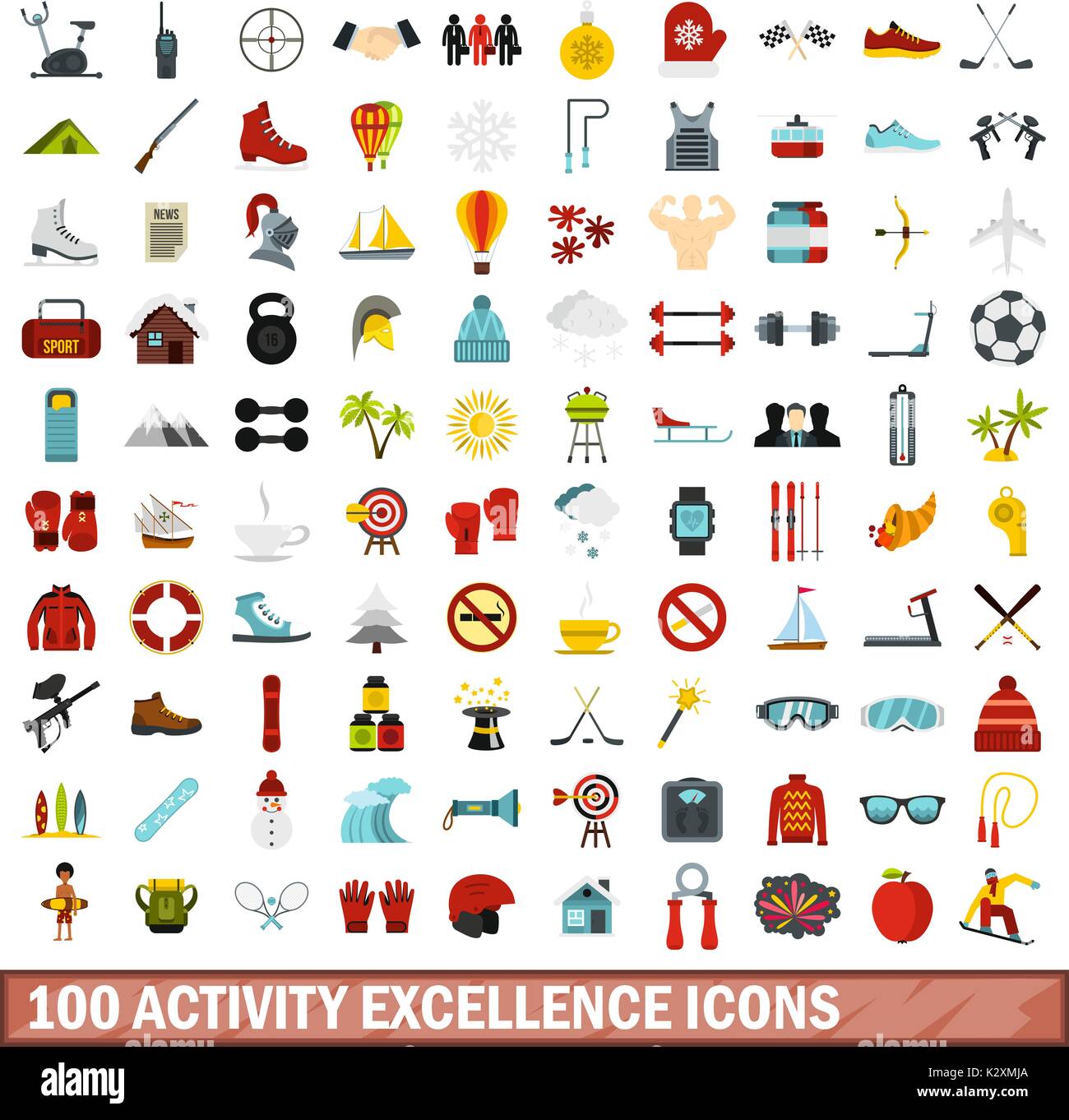 100 activity excellence icons set, flat style Stock Vector Image & Art ...