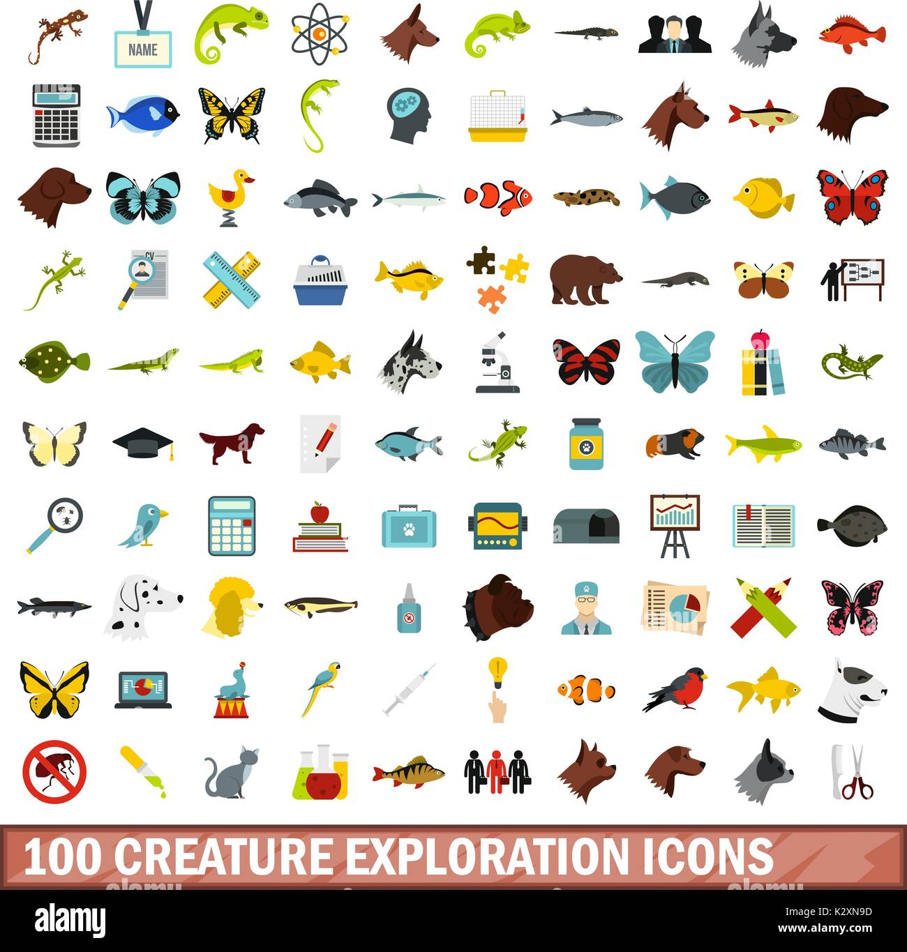 100 creature exploration icons set, flat style Stock Vector Image & Art ...