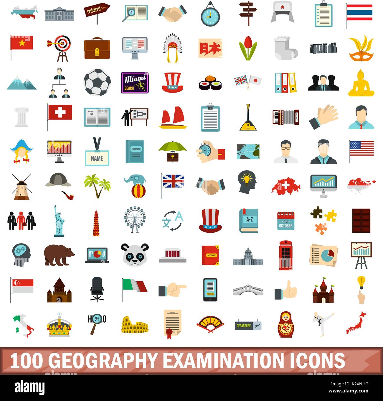 100 geography examination icons set, flat style Stock Vector Image ...