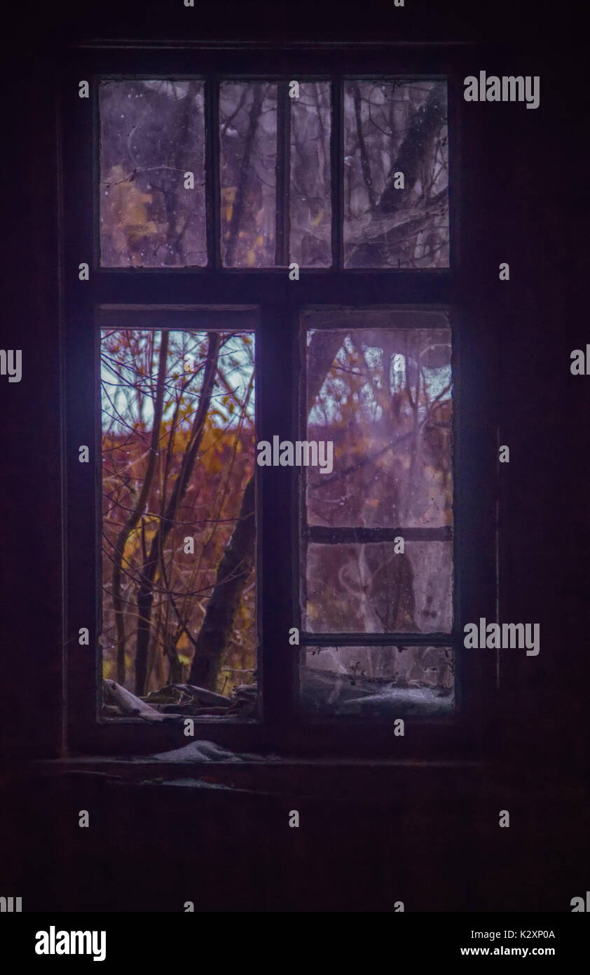 glass breakage, danger. big window with blue glass destruction Stock ...