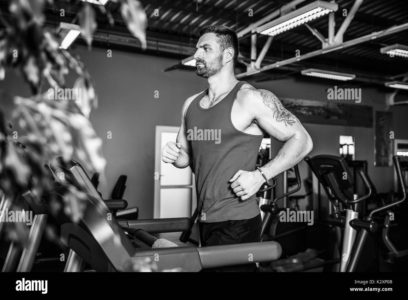 Muscle man running on treadmill Stock Photo - Alamy
