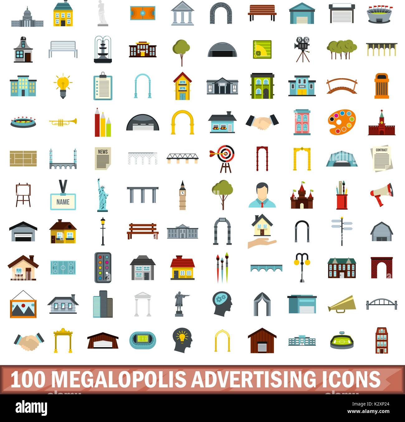 100 megalopolis advertising icons set, flat style Stock Vector Image ...