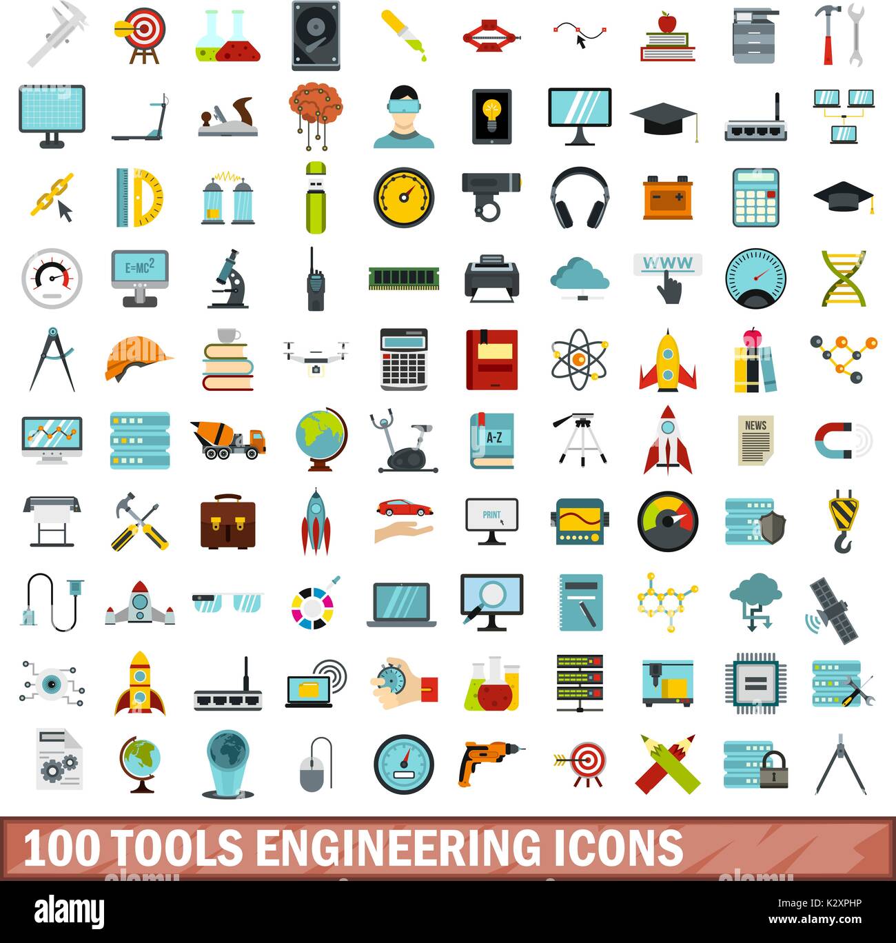 100 tools engineering icons set, flat style Stock Vector Image & Art ...