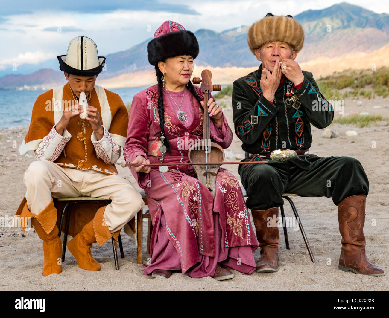 Musicians play traditional instruments in Issyk Kul, Kyrgyzstan on May ...