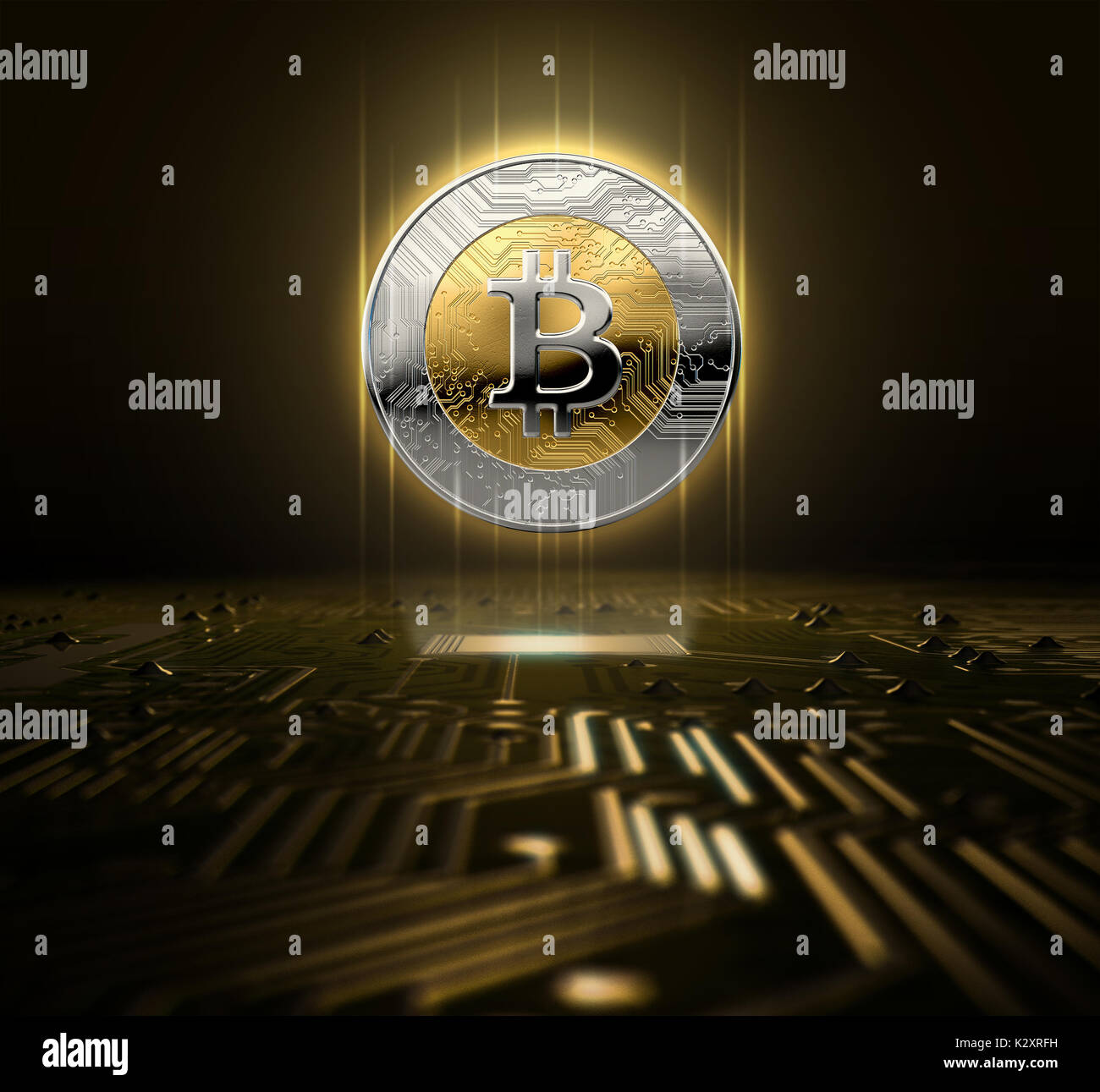 A cryptocurrency bitcoin hologram in gold and silver physical coin form ...