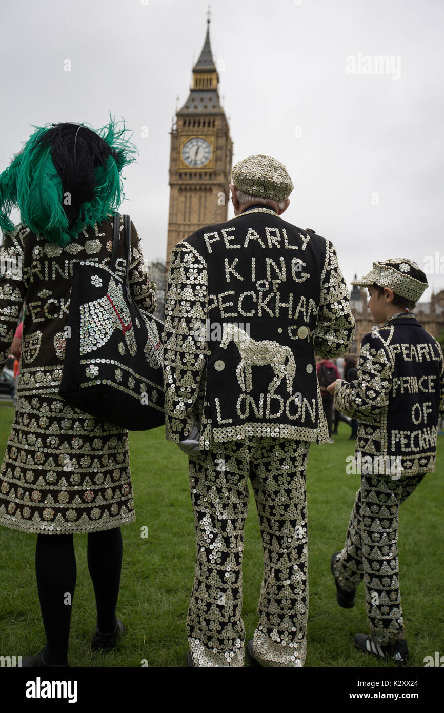 Pearly King, Queen and Prince of Peckham, in their Pearly Kings clothes ...
