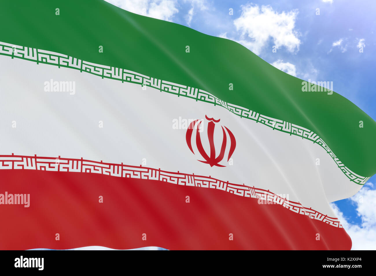 3D rendering of Iran flag waving on blue sky background, Iran is ...