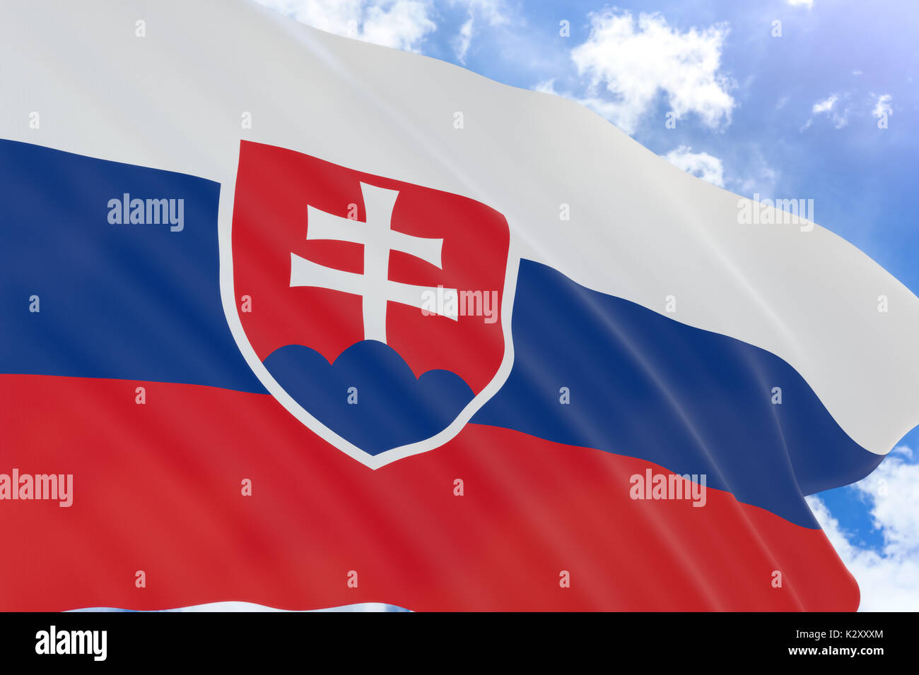 3D rendering of Slovakia flag waving on blue sky background, Slovakia ...