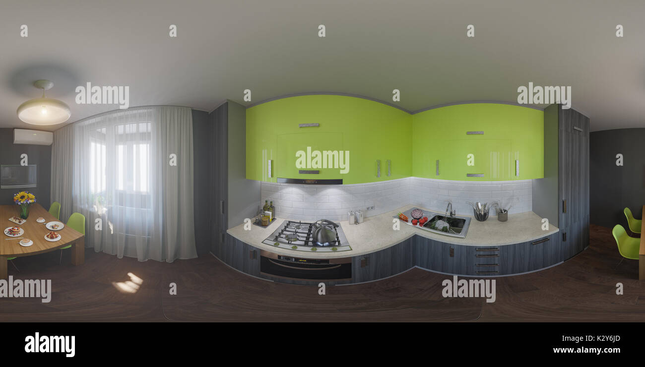 360 panorama of kitchen design. Seamless 3d illustration of interior ...
