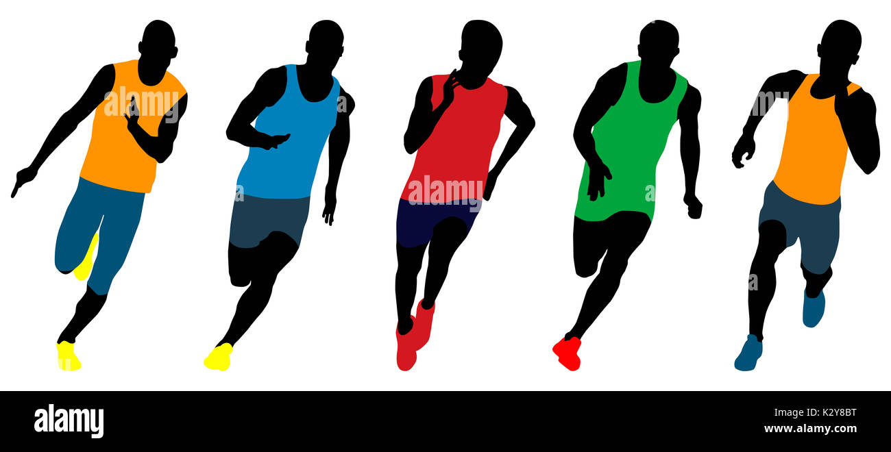 set athletics runners sprinters running colored silhouettes Stock Photo ...