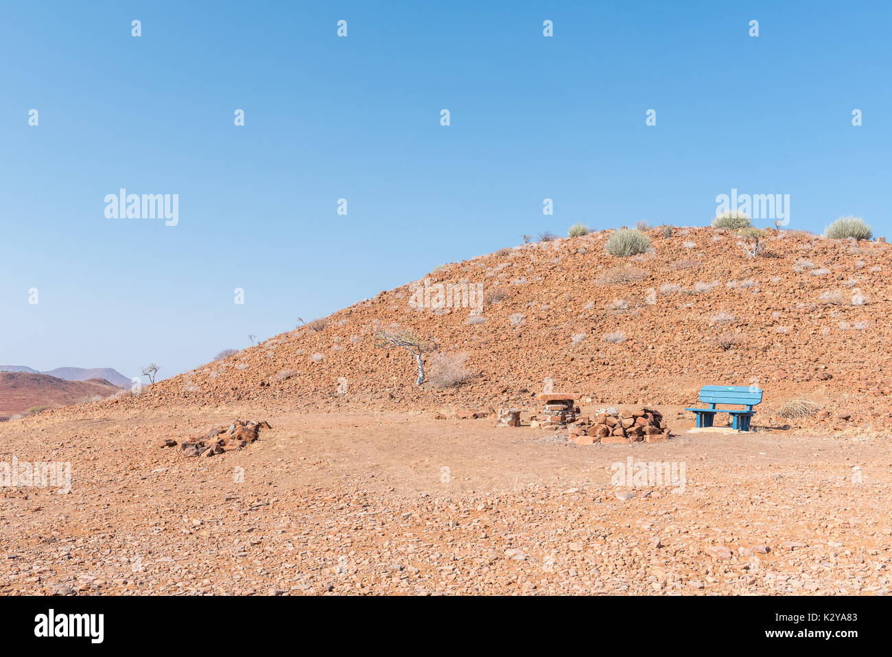 A picnic spot with blue bench at the top of Dopsteekhoogte Pass on the ...