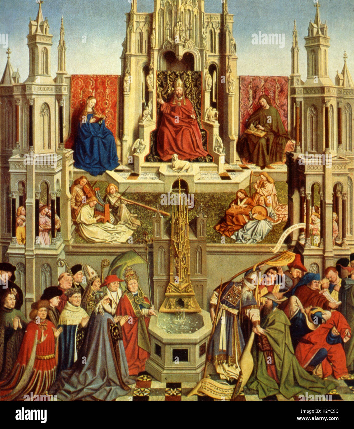 15th century musical instruments. Painting Hubert van Eyck?) showing ...