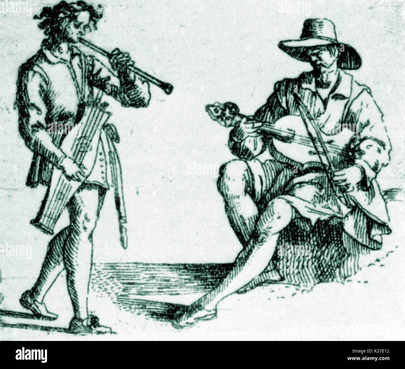 Drawing of Renaissance musicians. Musicians playing (L) lyre and 3-hope ...