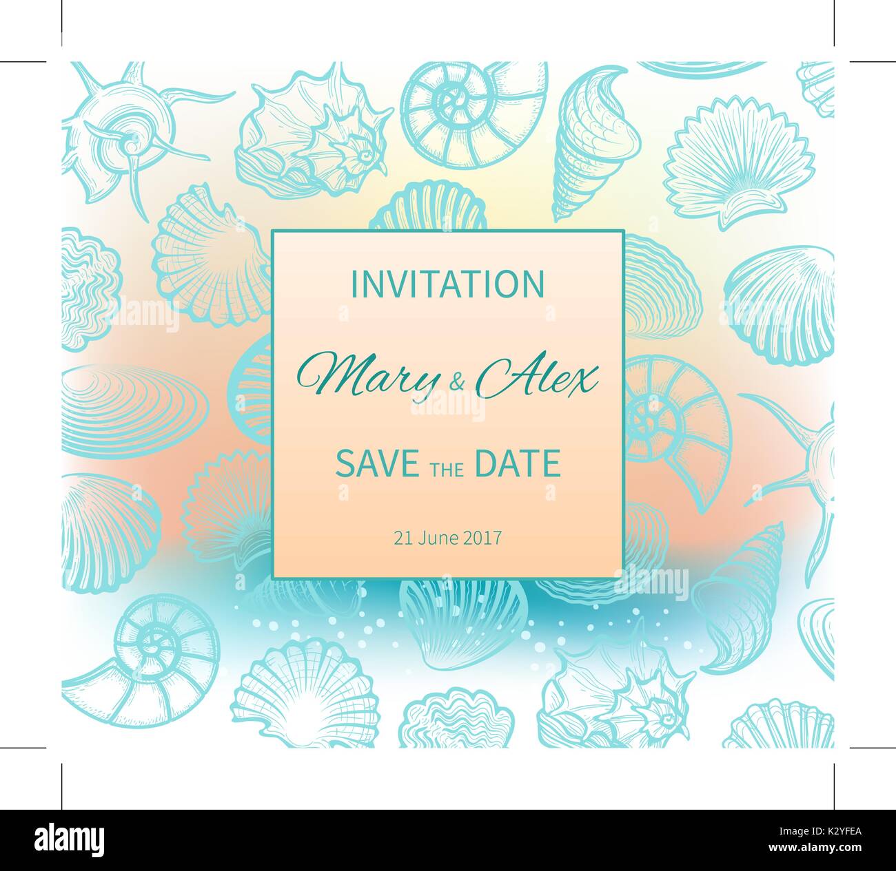 Wedding on the beach. The invitation design. Greeting card with sea ...